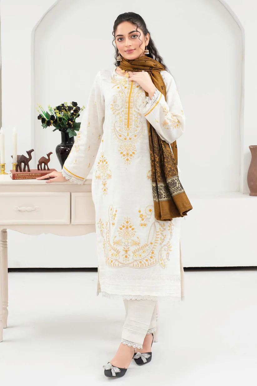 ADR- 3PC KHADDAR EMBROIDERED SHIRT WITH KASHMIRI JACQUARD WOOL SHAWL